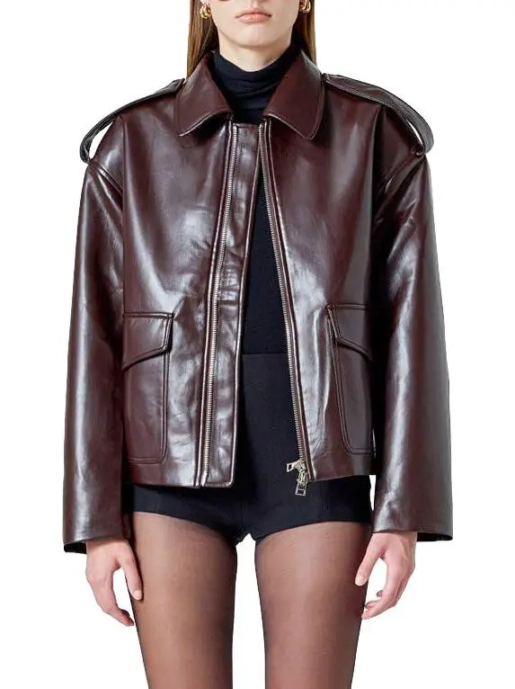 Endless Rose Oversized Faux Leather Jacket - Brown