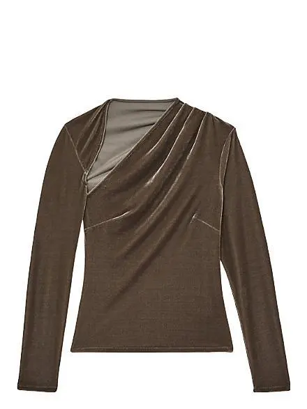 REISS Kassia Cut-out Stretch-velvet Top - Mocha Brown
