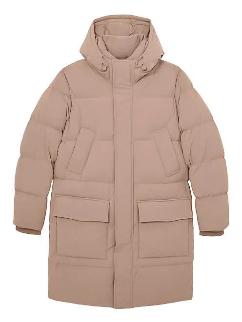 REISS Quilted Longline Puffer Coat - Light Camel Brown