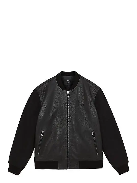 REISS Leather Bomber Jacket With Wool Sleeves - Black