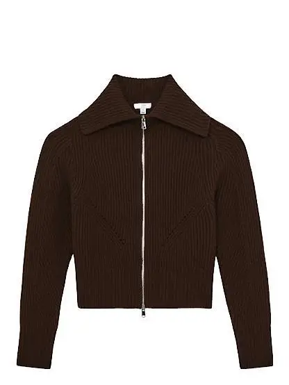 REISS Ruby Zip-up Wool Cardigan - Chocolate Brown