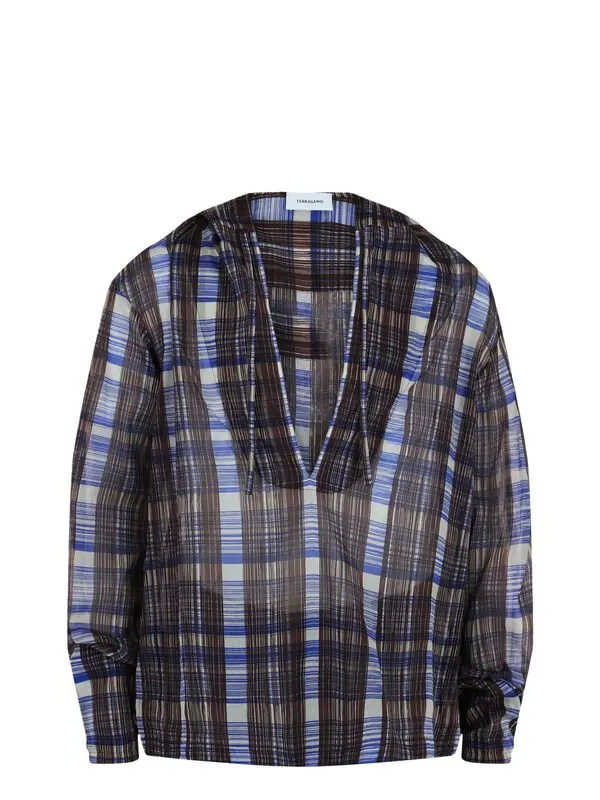 FERRAGAMO Plaid Print Hooded Shirt - Brown
