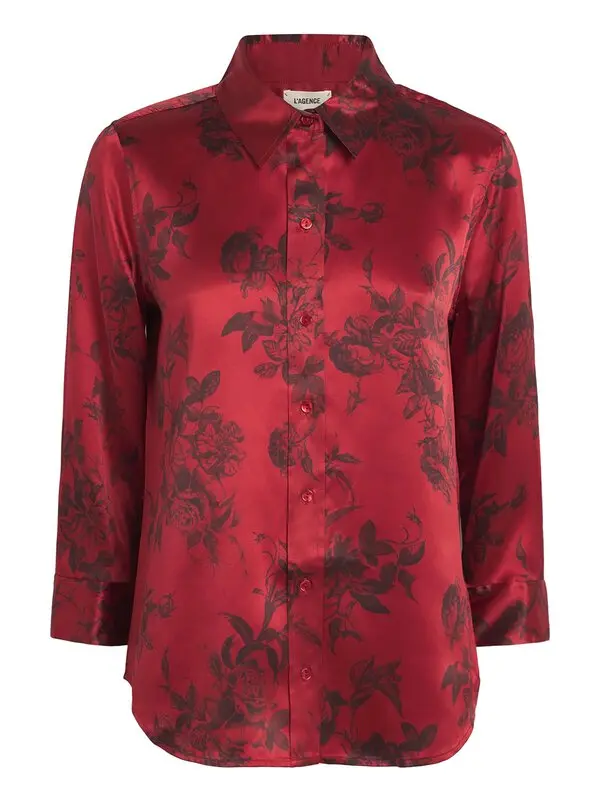 L'Agence Silk Rose Print Dani Shirt - Red