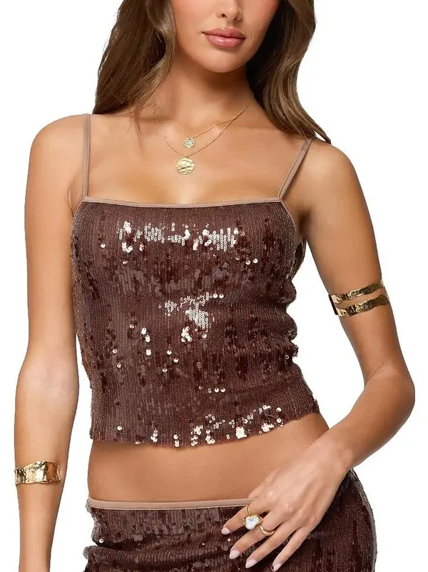 EDIKTED Kaylee Sequin Tank Top - Brown