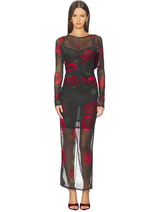 Good American Mesh Ruched Maxi Dress - Moody Red Roses001