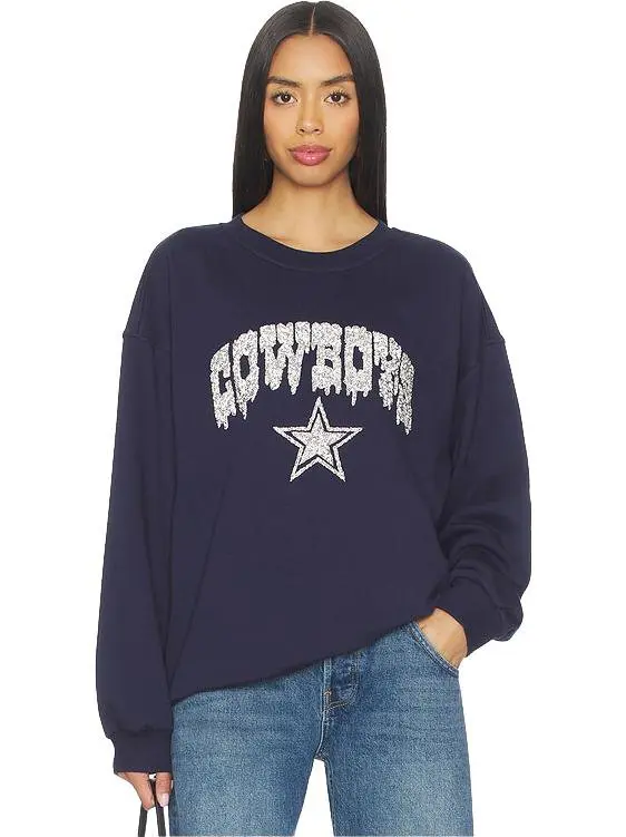 THE WILD COLLECTIVE Cowboys Oversized Crew Pullover With Crystal Rock - Navy