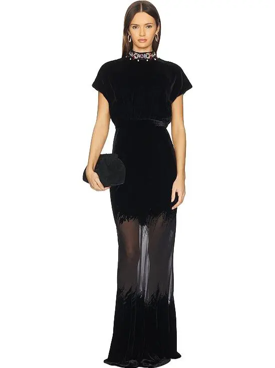 Saloni Fabienne Long Dress - Onyx Brushstroke