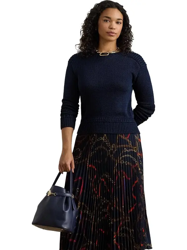 Ralph Lauren Belting-print Pleated Georgette Midi Skirt - Navy Multi