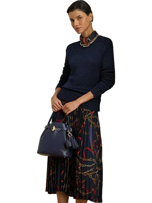 Ralph Lauren Belting-print Pleated Georgette Midi Skirt - Navy Multi