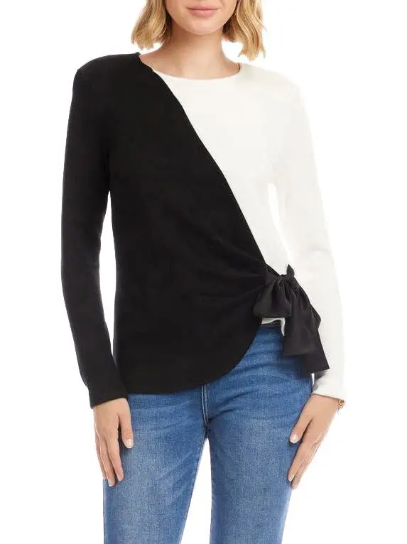 Karen Kane Colorblock Knit Top With Satin Bow - Black/ivory