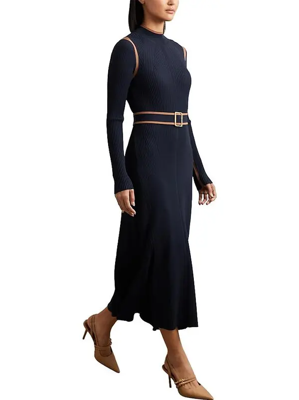 REISS Ella Color Blocked Knitted Midi Dress - Navy/caramel