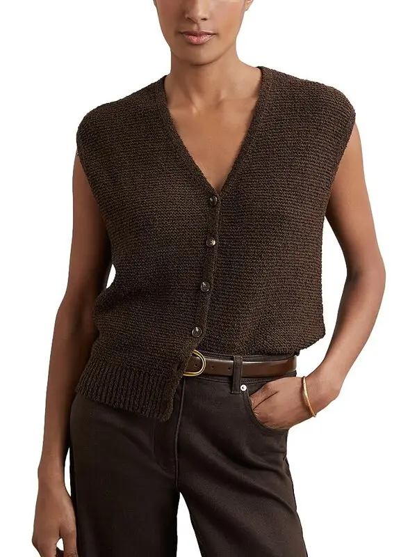 REISS Lily Button Through Knitted Top - Chocolate