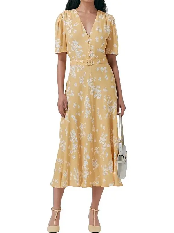 GHOST LONDON Jemima Crepe Floral Belted Midi Dress - Yellow Daisy Ray