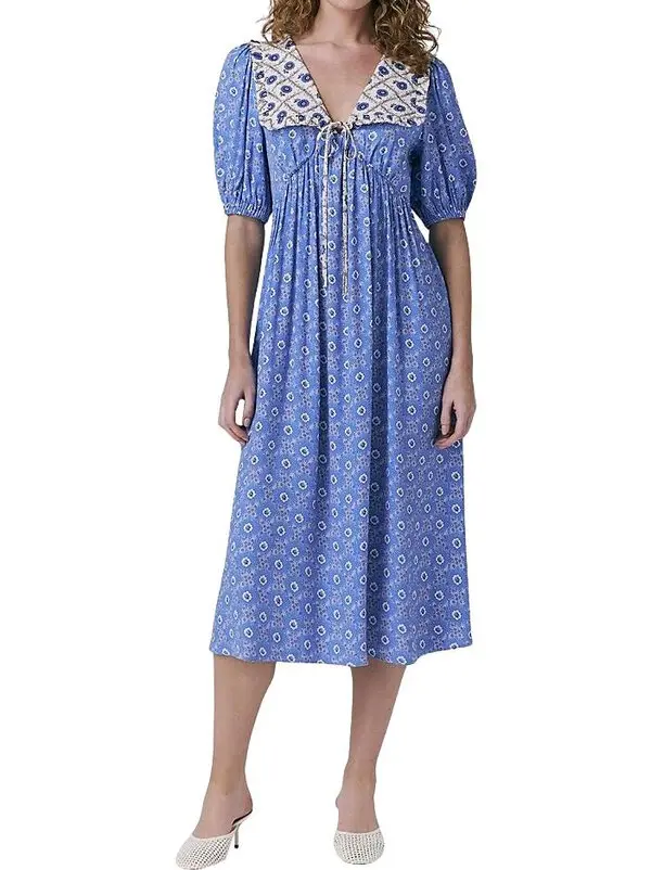 GHOST LONDON Nellie Crepe Collared Midi Smock Dress - Blue Rose Spot