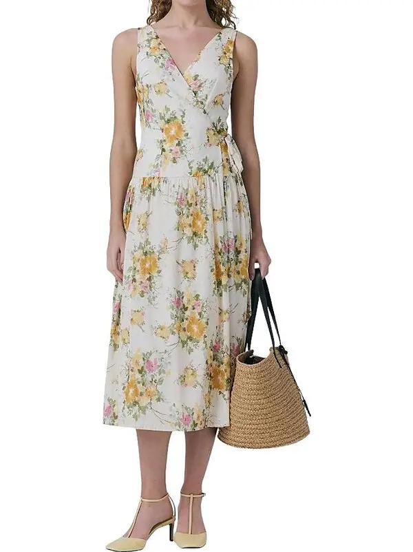 GHOST LONDON Julia Cotton Floral Midi Wrap Dress - Yellow Floral