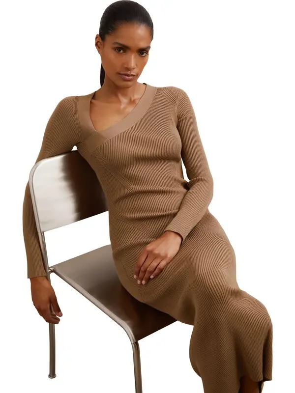 REISS Asymmetric-neck Rib-knit Midi Dress - Camel
