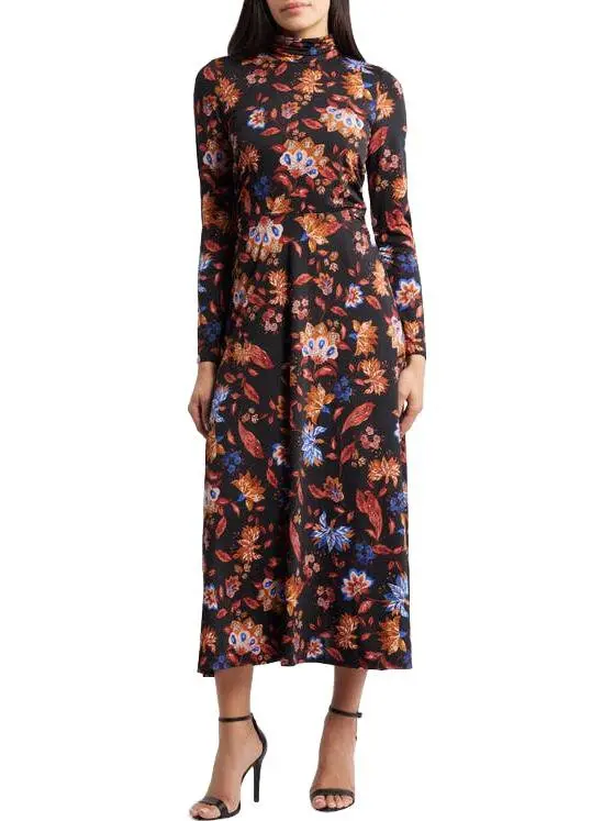 Julia Jordan Floral Mock Neck Long Sleeve Midi Dress - Black Multi