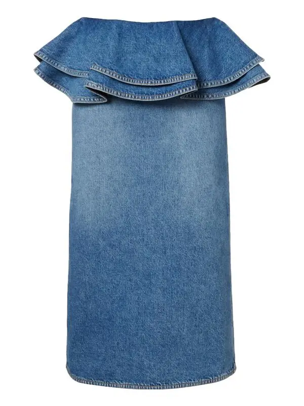 Plan C Peplum Denim Midi Skirt - Blue