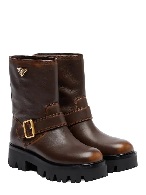 Prada Logo Leather Biker Boots - Brown