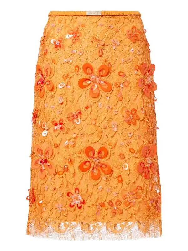 Gucci Embroidered Lace Midi Skirt - Orange