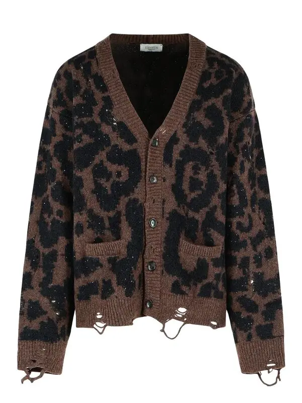 LANEUS Leopard Jacquard Cardigan - Brown