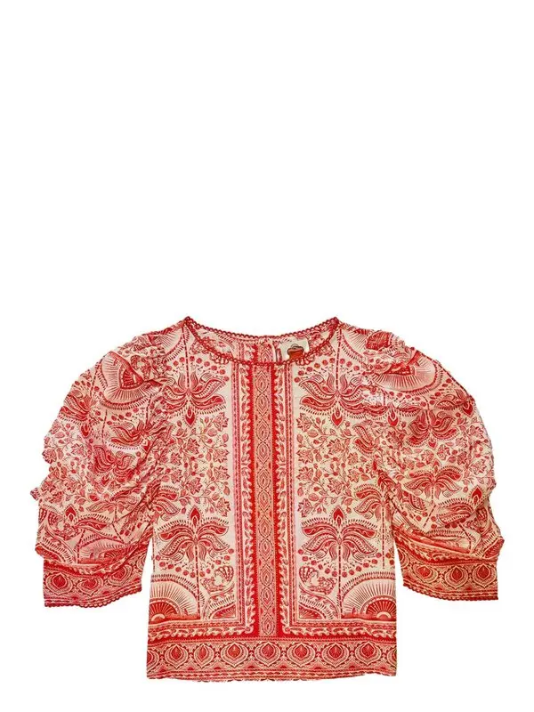 Farm Rio Patterned Puff-sleeve Top - Red