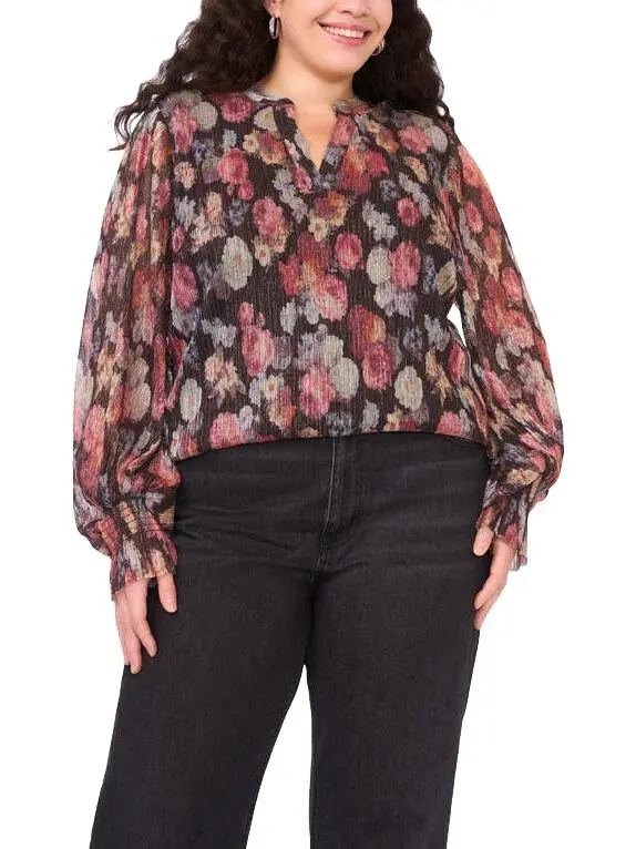Vince Camuto Metallic Floral Plissé Top - Rich Black
