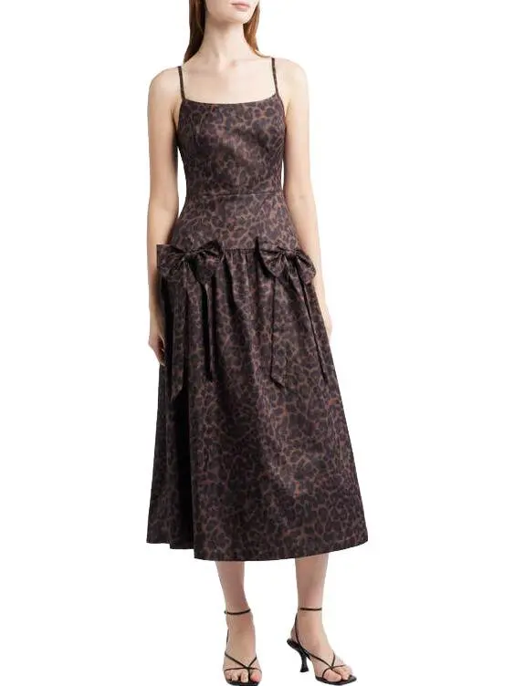 Moon River Bow Front Satin Midi Dress - Leopard