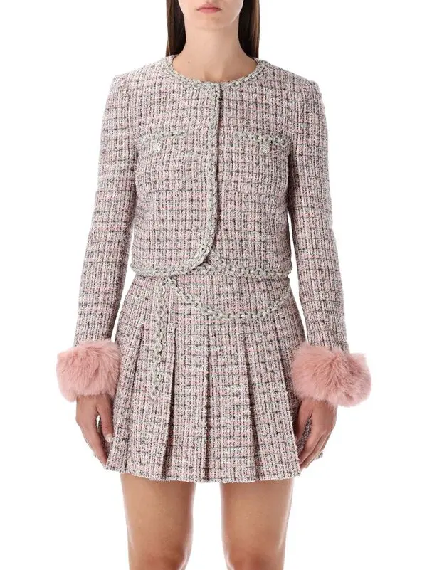 SELF-PORTRAIT Bouclé Jacket With Faux Fur Cuffs - Pink
