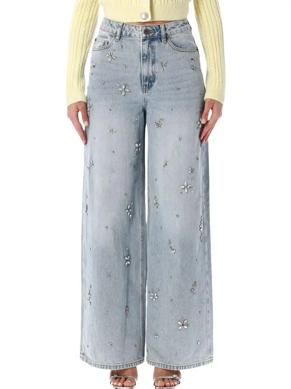 SELF-PORTRAIT Embellished Wide-leg Jeans With Crystal Embellishment - Blue