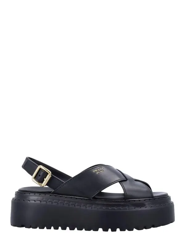 Prada Leather Crisscross Flatform Sandals - Black