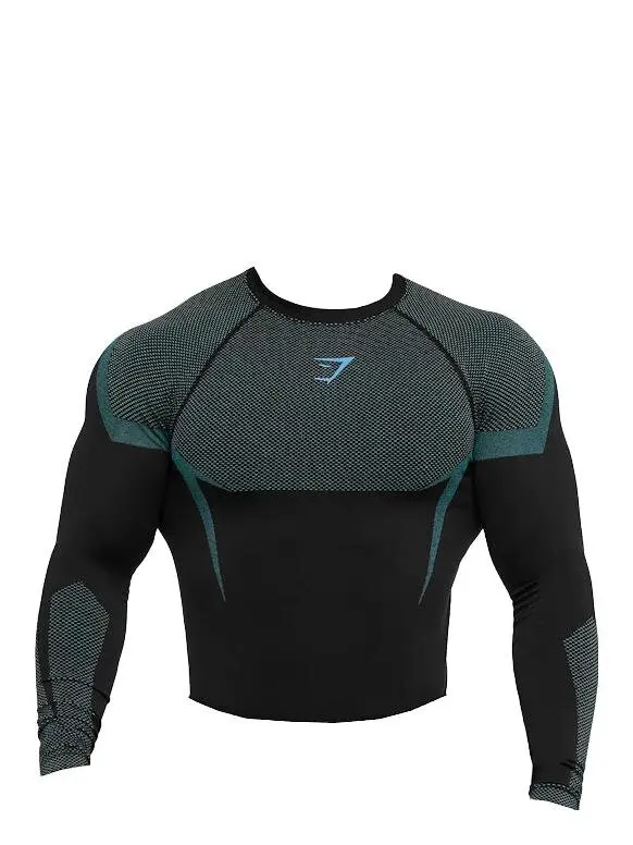 GYMSHARK Onyx 5.0 Seamless Long Sleeve Muscle Fit T-shirt - Black/brand Blue