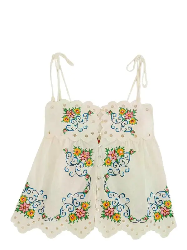 Farm Rio Floral-embroidered Scalloped Top - White