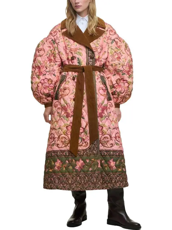 Farm Rio Floral Quilted Belted Coat - Pink