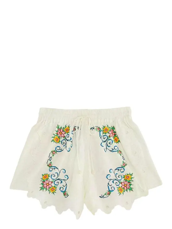 Farm Rio Floral-embroidered Scalloped Hem Shorts - White