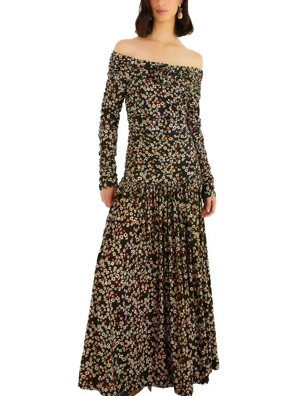 Farm Rio Floral-pattern Off-shoulder Maxi Dress - Black