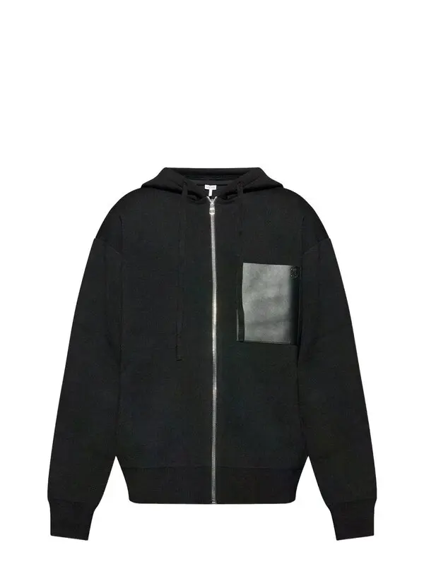 Loewe Zip-up Wool Hoodie With Leather Pocket - Black