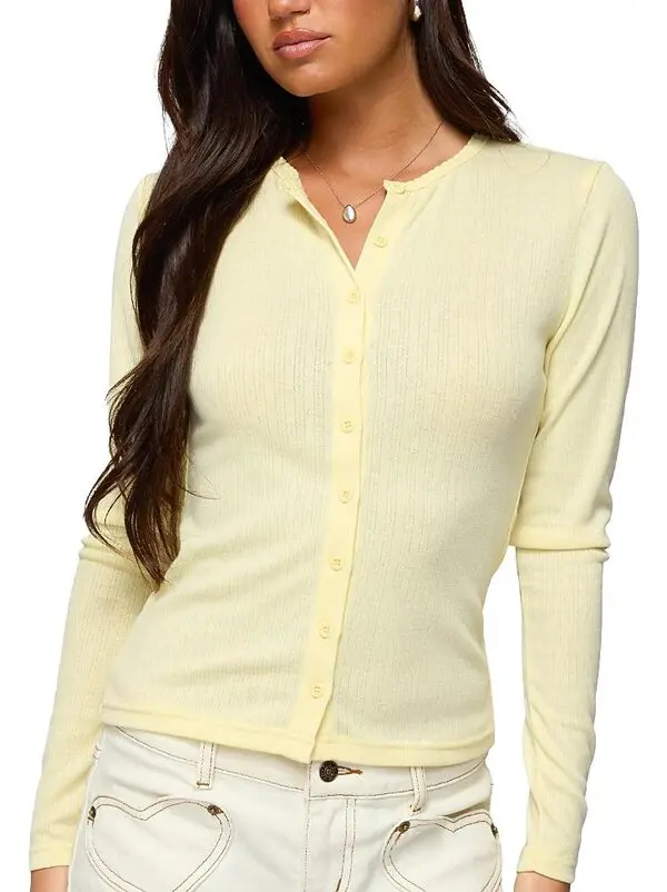 EDIKTED Maeva Pointelle Button-up Top - Yellow