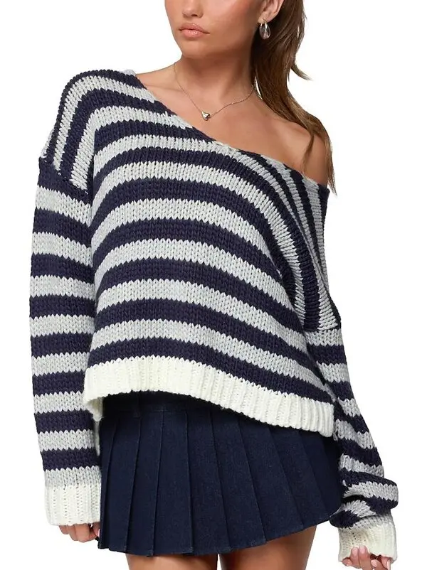 EDIKTED Oversized Striped Knit Sweater - Navy