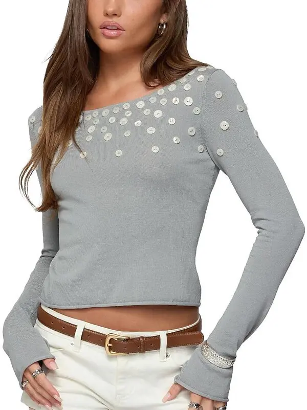 EDIKTED Iridescent Button Boat Neck Top - Light-gray