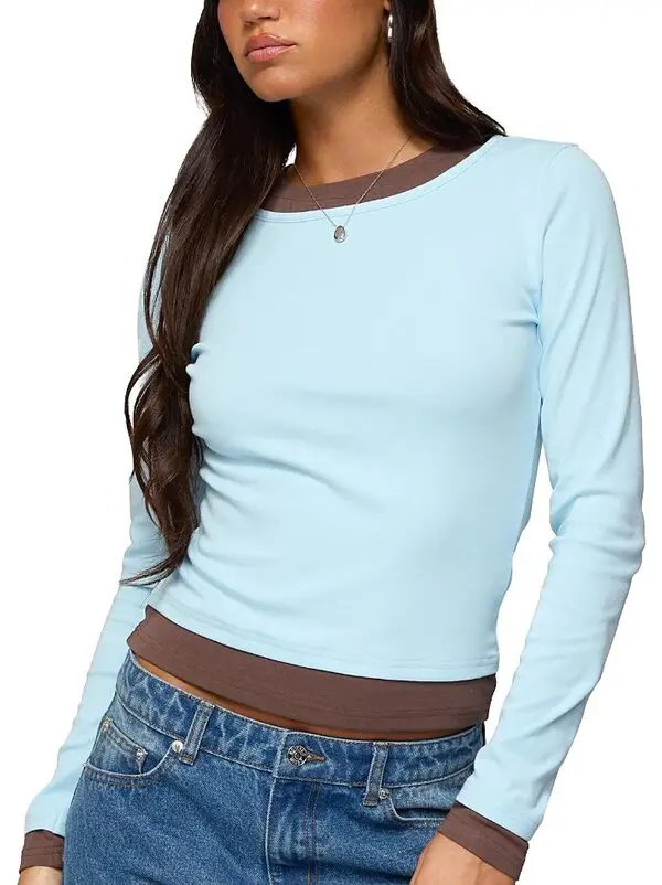 EDIKTED Contrast Layered Long Sleeve T-shirt - Light Blue