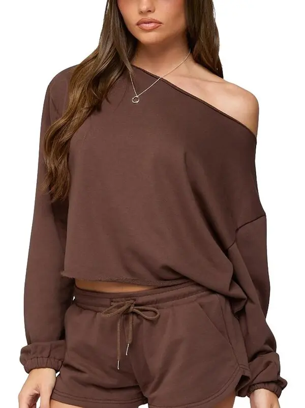 EDIKTED Kordelia Off Shoulder Sweatshirt - Brown