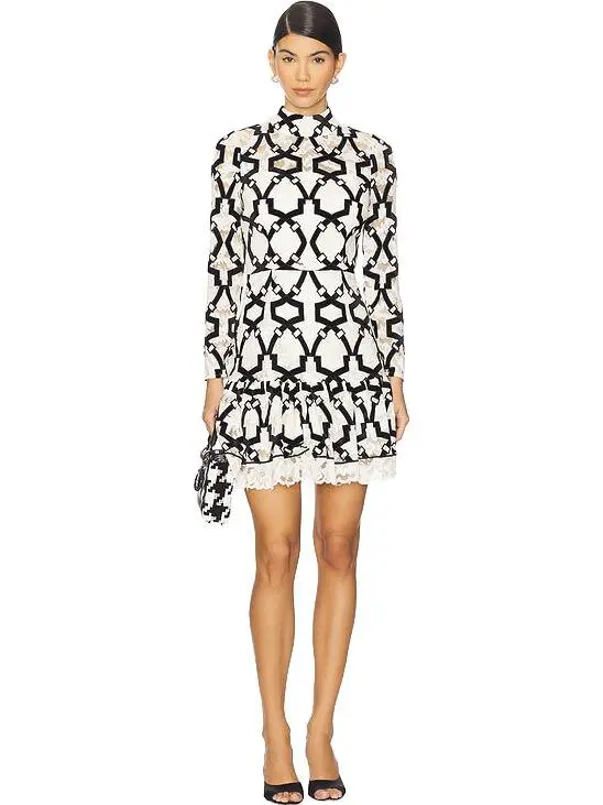 MILLY Willa Velvet Flock Lace Dress - White & Black