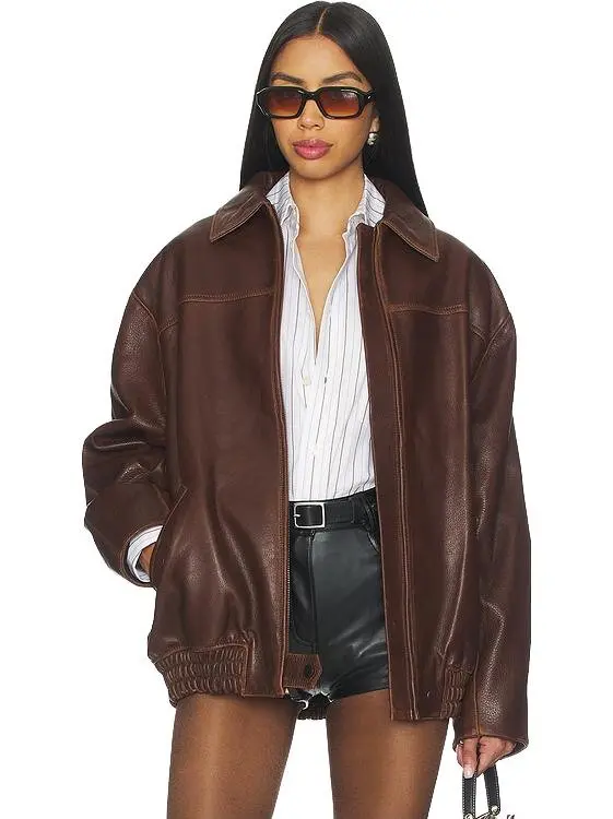 Simkhai Huntington Oversized Leather Jacket - Distressed Chocolate