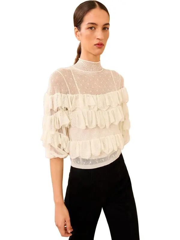 Ulla Johnson Corinna Mock Neck Tiered Ruffle Top - Cowrie