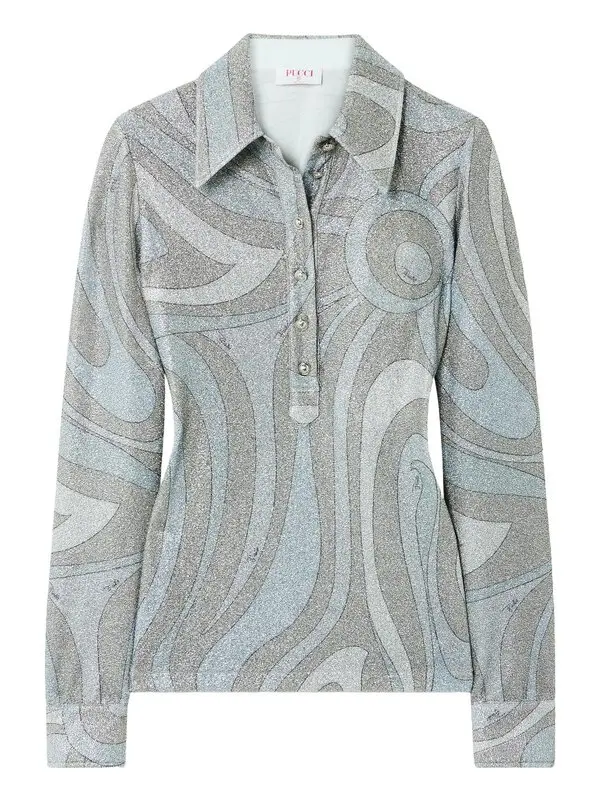 Emilio Pucci Printed Metallic Jersey Polo Shirt - Silver