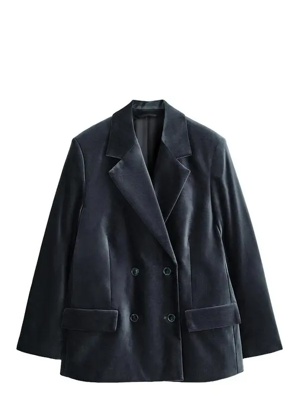 Cos Velvet Double-breasted Blazer - Navy
