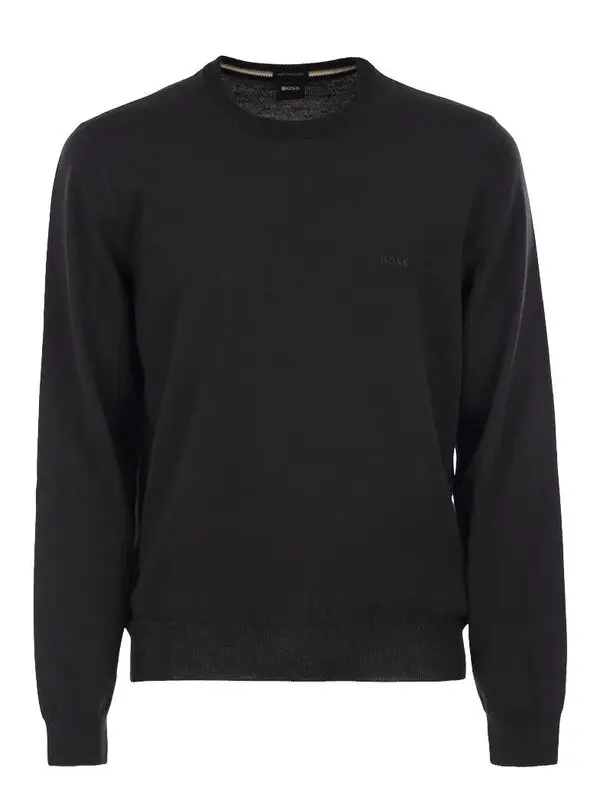 Hugo Boss Regular Fit Virgin Wool Jumper With Embroidered Logo - Black