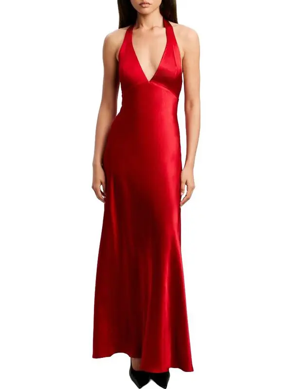Bardot Magdalene Satin Plunge Halter Neck Dress - Deep Red