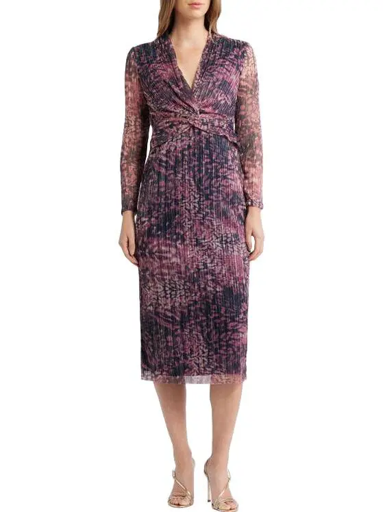 Anne Klein Floral Metallic Stripe Long Sleeve Midi Dress - Lotus Pink Multi